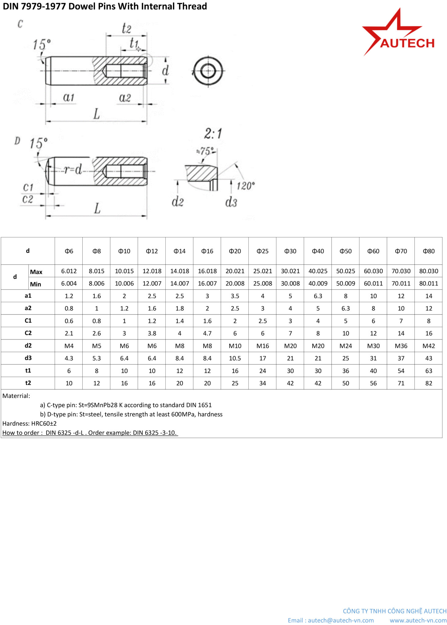 DIN 7979 DOWEL PINS - CHỐT PIN CÓ REN TRONG - Công Ty TNHH Công Nghệ Autech - Autech co., Ltd