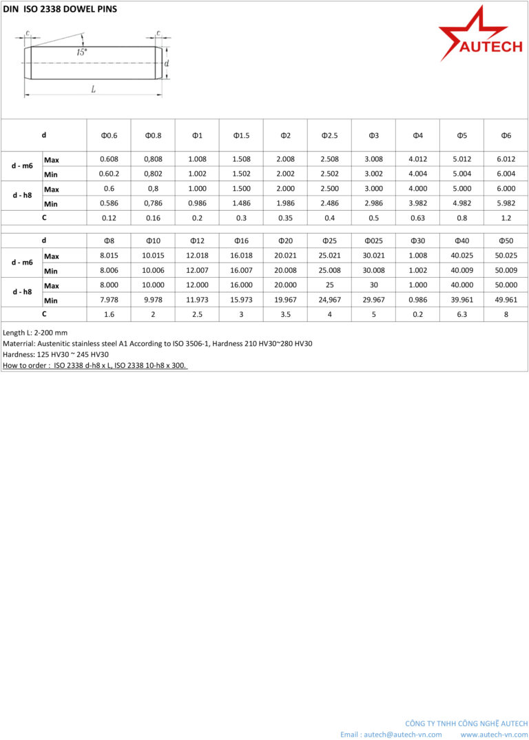 DIN ISO 2338 DOWEL PINS - CHỐT PIN TRỤ THẲNG - Công Ty TNHH Công Nghệ Autech - Autech co., Ltd